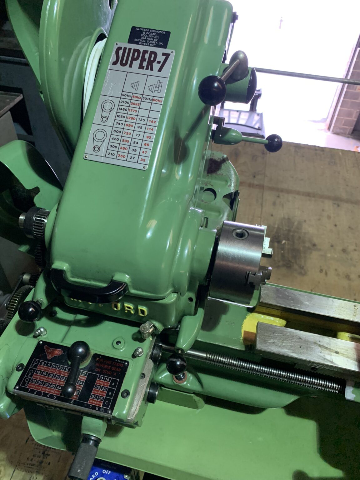 Myford Super 7 lathe with gearbox power cross feed motor switch cabinet ...