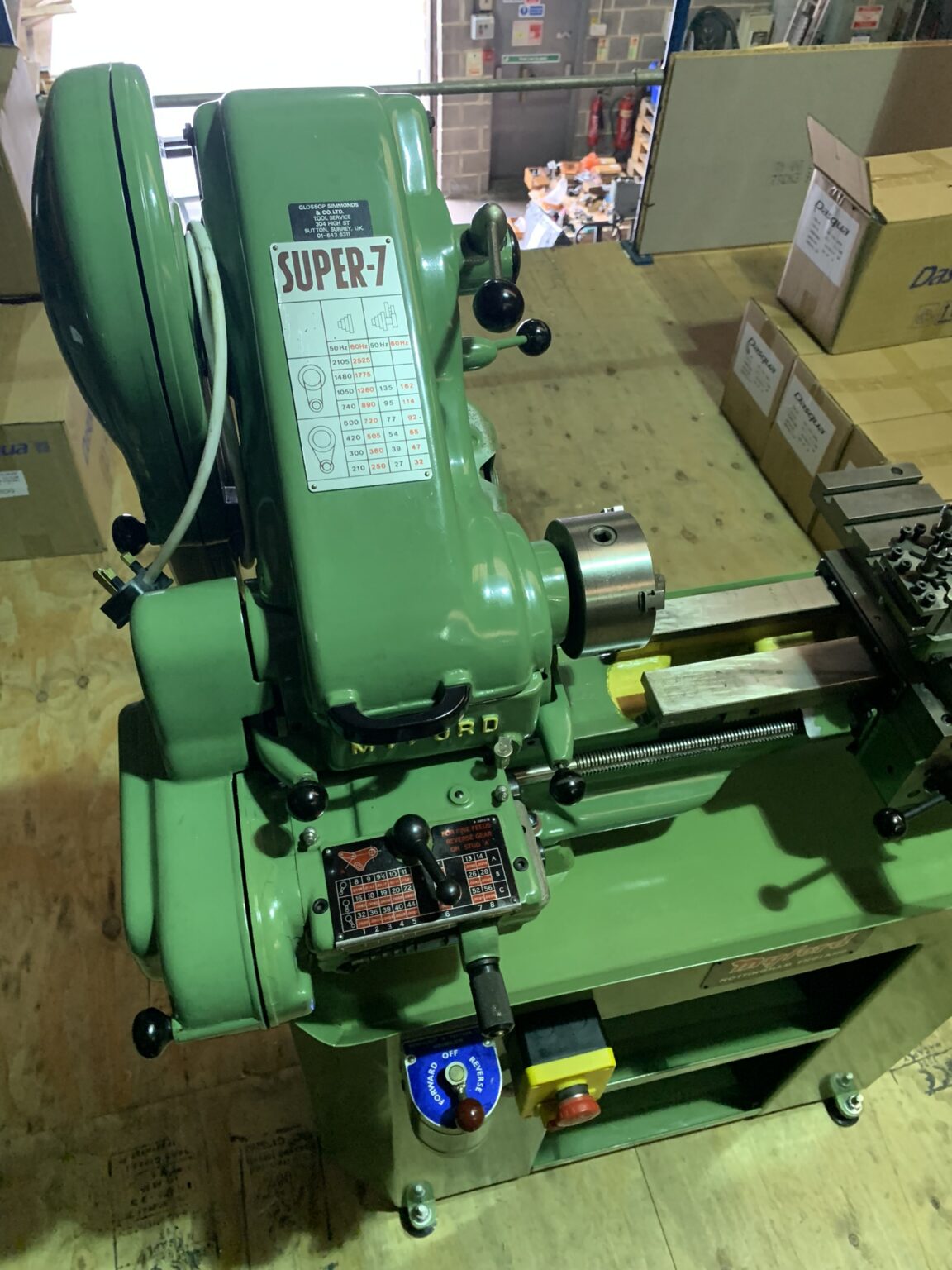 Myford Super 7 lathe with gearbox power cross feed motor switch cabinet ...
